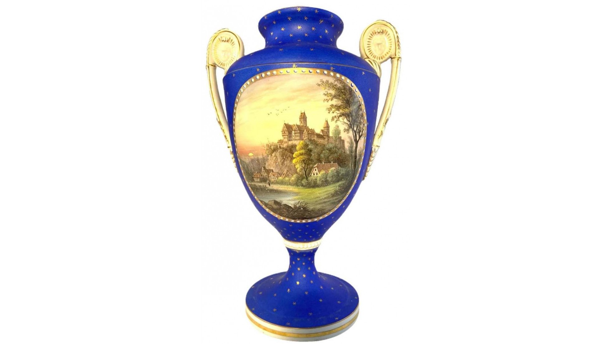 Vase painted with a view of a castle
